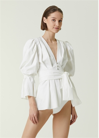 Maygel Coronel Kadın Beyaz Beli Kuşaklı Balon Kol Bluz EU