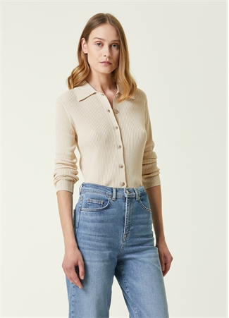 Selected Femme Kadın Krem Polo Yaka Ribli Hırka Bej S EU Selected Femme Kadın Krem Polo Yaka Ribli Hırka Bej S EU