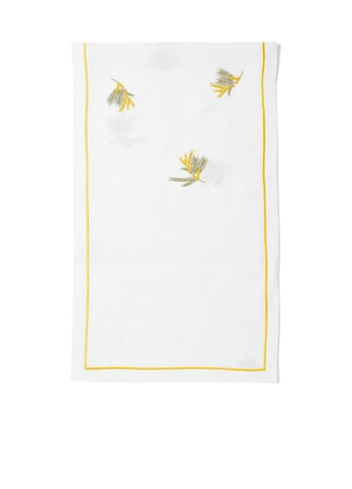 Serenk Beyaz Mimoza Nakışlı Keten Runner Çok Renkli