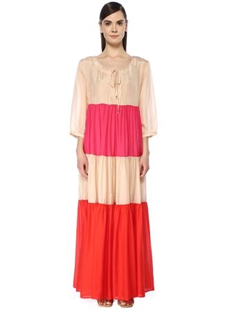 Bird & Knoll Kadın Evie Colorblock Yakası Bağcıklı Maksi Elbise Kırmızı M EU