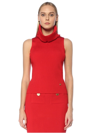 Balmain Kadın Kırmızı Balıkçı Yaka Ribli Kolsuz Triko 40 FR