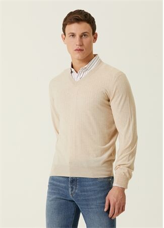 Brunello Cucinelli Erkek Bej V Yaka Kaşmir Kazak 48 IT