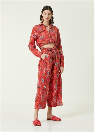 Etro Kadın Kırmızı Şal Desenli İpek Pantolon 38 It