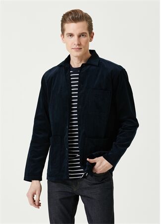 Eton Erkek Lacivert İngiliz Yaka Çizgi Dokulu Dış Gömlek 5 US