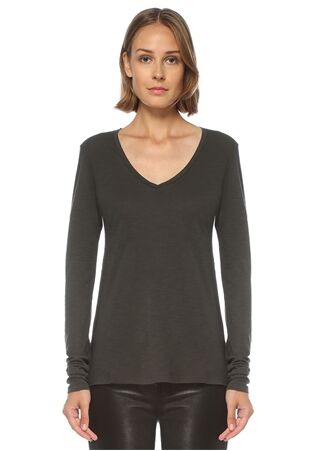 American Vintage Kadın Jacksonville Antrasit V Yaka Uzun Kollu T-shirt Gri XS EU