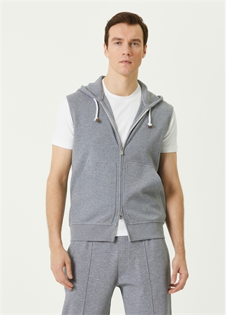 Brunello Cucinelli Erkek Gri Kapüşonlu Kolsuz Sweatshirt L EU