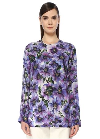 Dolce&Gabbana Kadın Mor Çiçekli Uzun Kol İpek Bluz 42 IT