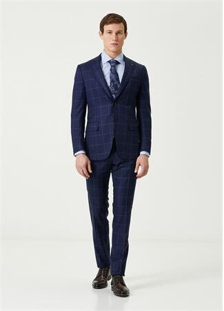 Isaia Erkek Lacivert Kareli Yün Takım Elbise 48 IT