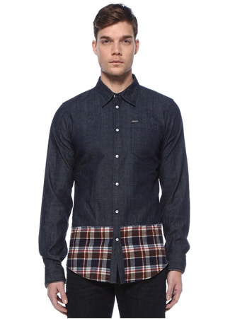 Dsquared2 Erkek Lacivert Ekose Desen Garnili Denim Gömlek Mavi 46 IT