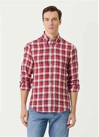 Brunello Cucinelli Erkek Kırmızı Kareli Keten Gömlek S EU