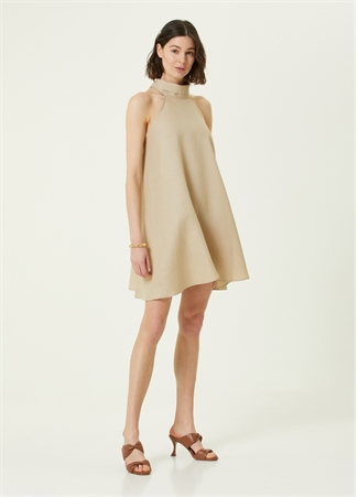 Selma Çilek Kadın Bej Boyundan Bağlamalı Mini Keten Elbise S/m Eu