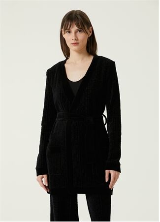 Balmain Kadın Siyah Desenli Beli Kuşaklı Kadife Hırka 36 FR