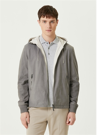 Zegna Erkek Gri Kapüşonlu Çift Taraflı Deri Ceket 48 It