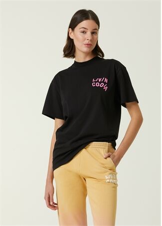 Livincool Kadın Siyah Bisiklet Yaka Baskılı T-shirt M EU