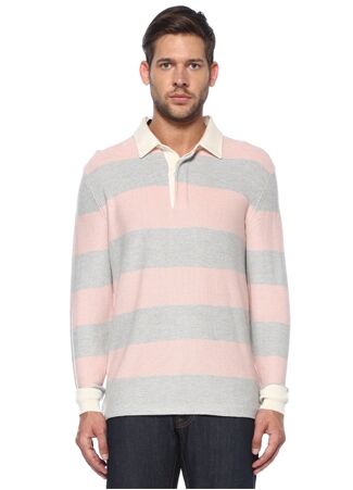 Zegna Erkek Gri Pembe Çizgili Polo Yaka Triko 52 IT