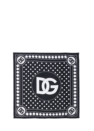 Dolce&Gabbana Kadın Siyah Logolu Puantiyeli 90x90 cm İpek Eşarp EU
