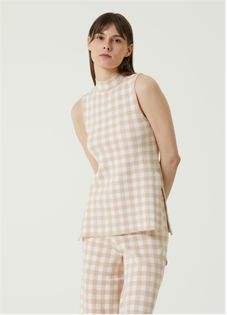 Staud Kadın Nude Dik Yaka Kareli Kolsuz Triko Bej M EU