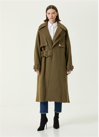 Balmain Kadın Haki Kemer Detaylı Yün Palto 34 FR