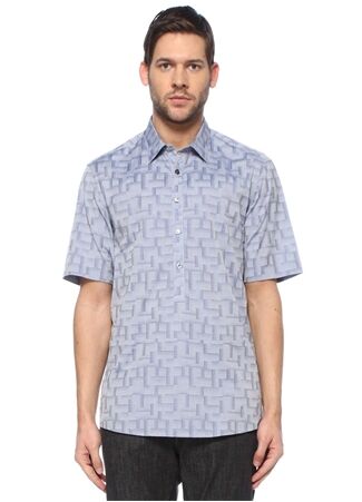 Pal Zileri Erkek Mavi Geometrik Desenli Kısa Kollu Gömlek 40 IT