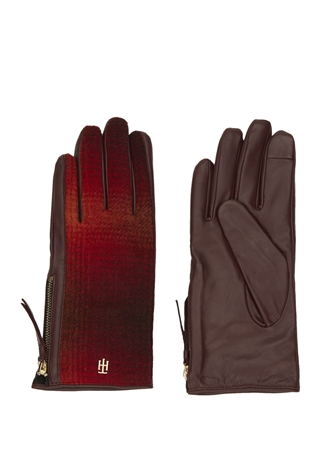 Tommy Hilfiger Kadın Kırmızı Ekose Desenli Deri Eldiven S/M EU