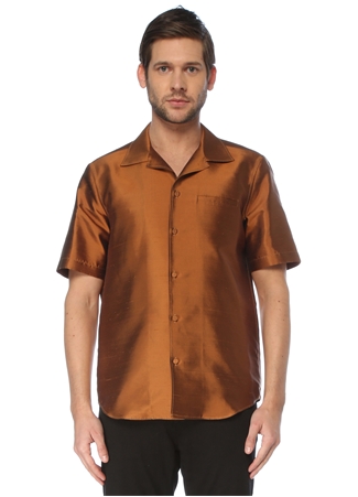 Pal Zileri Erkek Kahverengi Kamp Yaka İpek Kısa Kollu Gömlek Kırmızı 40 IT