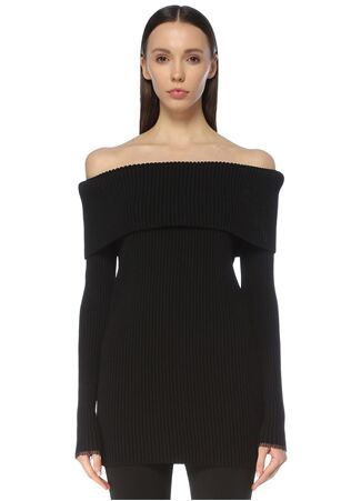 Proenza Schouler Kadın Siyah Düşük Omuzlu Ribli Kazak S EU