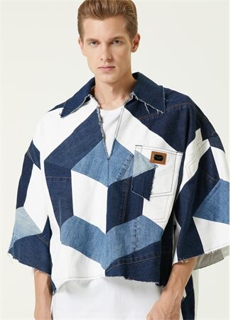 Dolce&Gabbana Erkek Mavi Patchwork Desenli Denim Gömlek 40 IT Dolce&Gabbana Erkek Mavi Patchwork Desenli Denim Gömlek 40 IT
