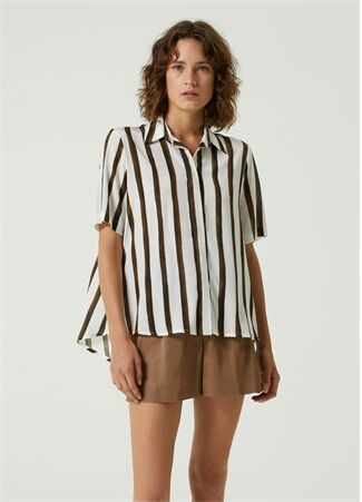 Beymen Club Kadın Krem Kahverengi Çizgi Desenli İpek Gömlek Bej XS EU