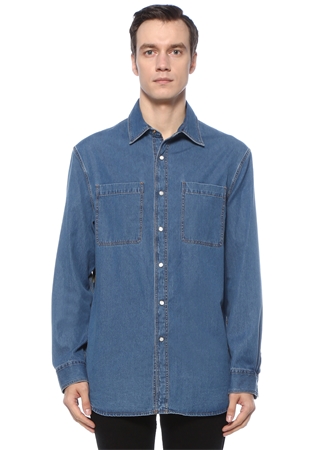 Versace Erkek Acanthus Mavi Polo Yaka Desenli Denim Gömlek 39 IT Versace Erkek Acanthus Mavi Polo Yaka Desenli Denim Gömlek 39 IT