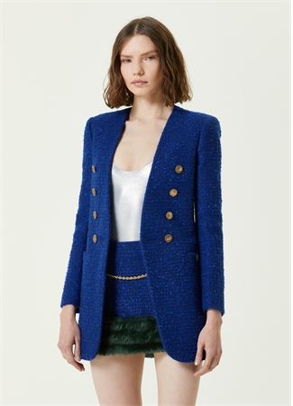 Kadın Mavi Kruvaze Yün Tweed Ceket 36 IT Kadın Mavi Kruvaze Yün Tweed Ceket 36 IT