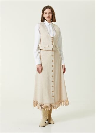 Faraway Kadın Thyme Krem Püsküllü Midi Yün Etek Bej 34 EU