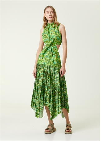 Alemais Kadın Yeşil Dik Yaka Çiçekli Pilili Midi Elbise 6 US