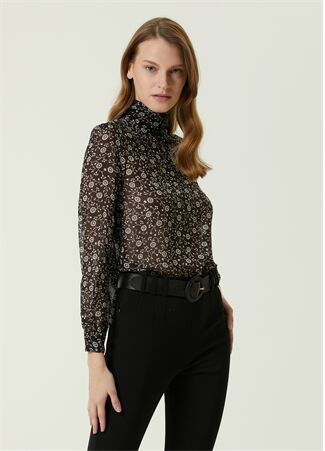 Kadın Kahverengi Dik Yaka Çiçekli İpek Bluz 36 IT