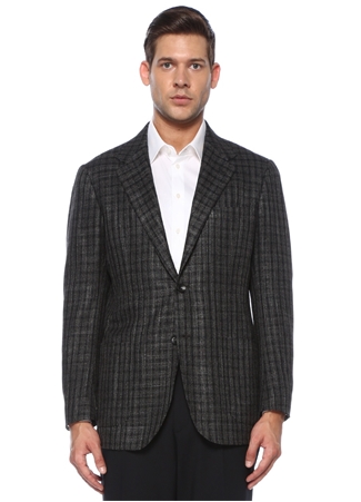 Kiton Erkek Antrasit Kareli Kelebek Yaka Kaşmir Ceket Gri 56 IT