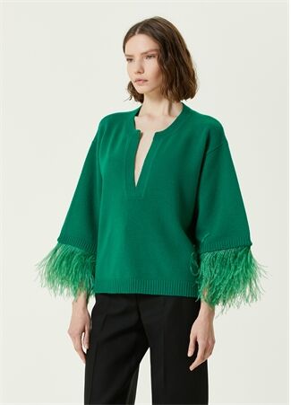 Valentino Kadın Yeşil V Yaka Tüy Detaylı Yün Kazak S EU