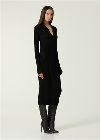 Helmut Lang Kadın Siyah V Yaka Ribli Midi Triko Elbise M EU Helmut Lang Kadın Siyah V Yaka Ribli Midi Triko Elbise M EU