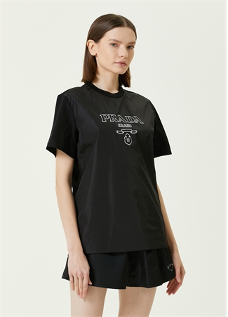 Prada Kadın Siyah Bisiklet Yaka Logolu T-shirt S EU