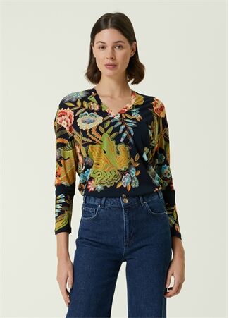 Etro Kadın Lacivert V Yaka Çiçekli Uzun Kol T-shirt 40 IT