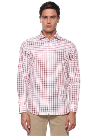 Pal Zileri Erkek Bordo Açık Yaka Pötikare Desenli Keten Gömlek 38 IT