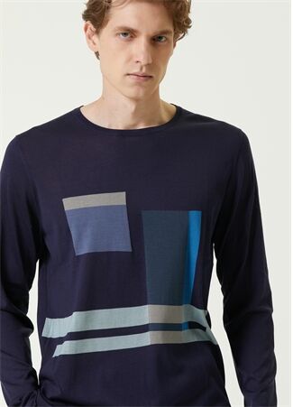 Pal Zileri Erkek Lacivert Desenli Uzun Kol İpek T-shirt 52 IT