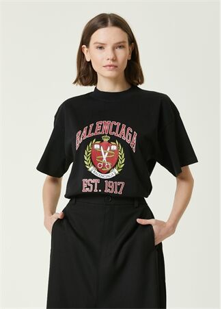 Balenciaga Kadın Siyah Bisiklet Yaka Logolu T-shirt XS EU