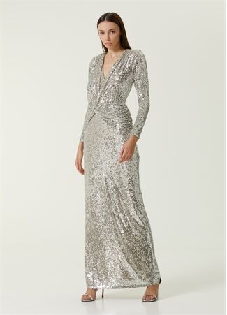Maison Kairos Kadın Malaga Silver İşlemeli Maksi Abiye Elbise Gri 36 EU