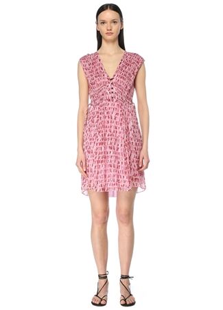Etoile Isabel Marant Kadın Pembe V Yaka Desenli Kolsuz Mini Elbise 34 FR