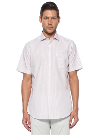 Pal Zileri Erkek Beyaz Çizgili Modern Yaka Gömlek Kahverengi 40 IT