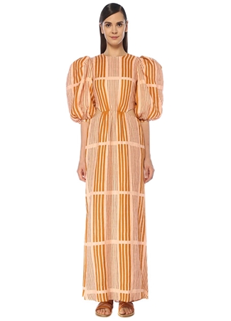 Johanna Ortiz Beach Kadın Pembe Balon Kollu Çizgili Maksi Keten Elbise S EU