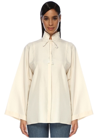 Etro Kadın Krem Yakası Bağcıklı Geniş Kol İpek Bluz Bej 42 IT