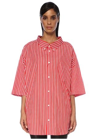 Balenciaga Kadın Kırmızı Çizgili Logo Baskılı Kısa Kol Gömlek 34 FR