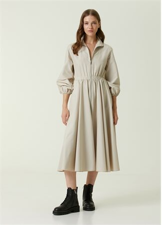 Beymen Club Kadın Taş Dik Yaka Balon Kol Midi Elbise Gri 34