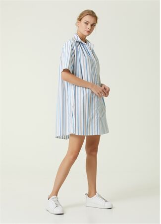 Beymen Kadın Mavi Gri Çizgili Mini Gömlek Elbise S EU