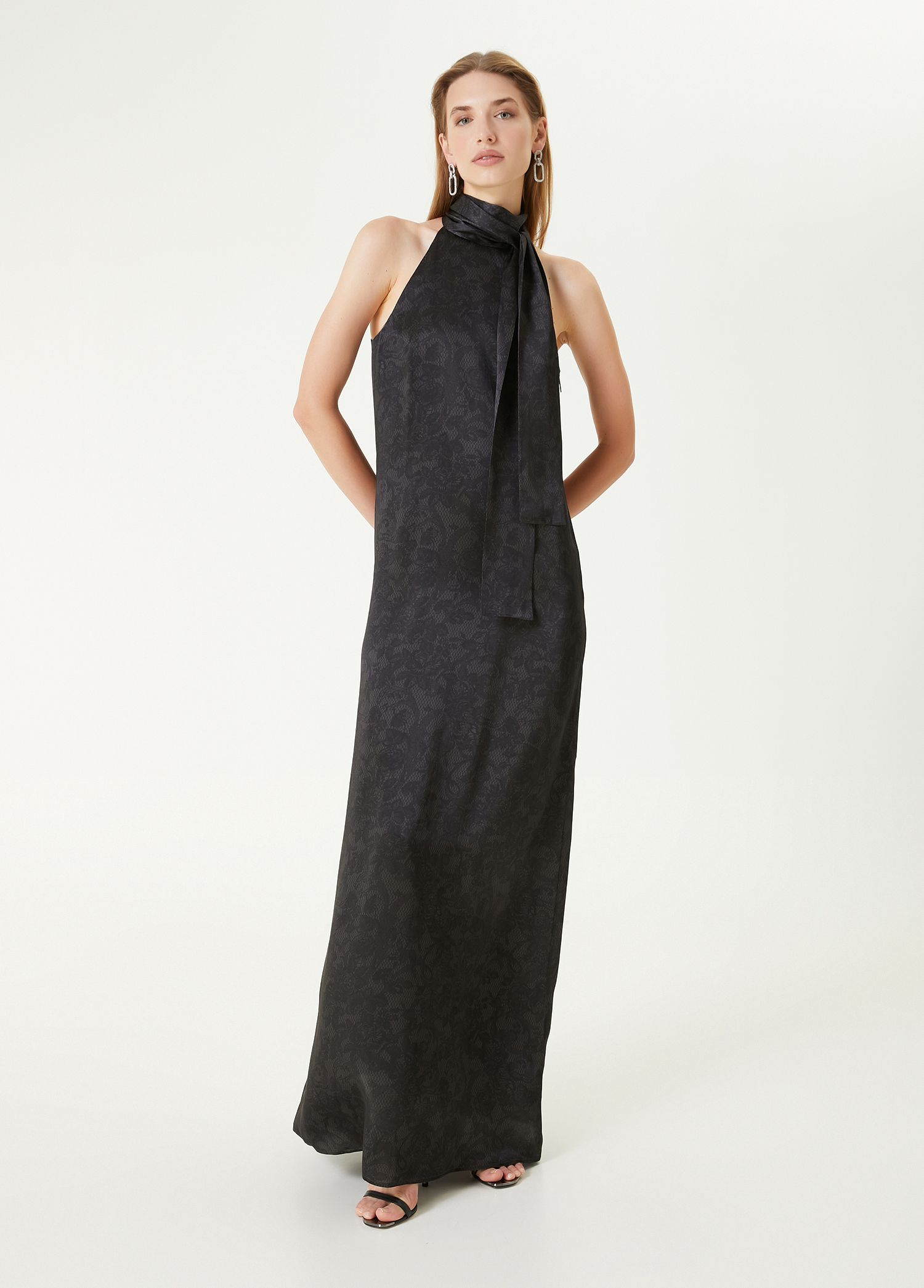 Beymen Collection - Black Patterned Maxi Silk Evening Dress - Black